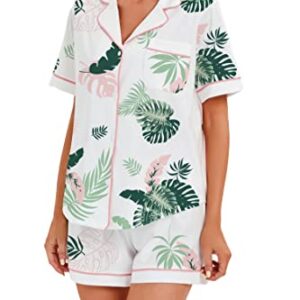 LUBOT 100% Cotton Women's Pajamas Set Short Sleeve Button-Down Shirt PJ Two-piece Set Printed Patterned Summer Night Suit Sleepwear Loungewear (Leaves, M)