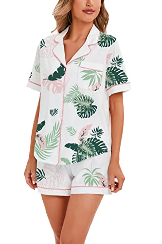 LUBOT 100% Cotton Women's Pajamas Set Short Sleeve Button-Down Shirt PJ Two-piece Set Printed Patterned Summer Night Suit Sleepwear Loungewear (Leaves, M)