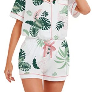 LUBOT 100% Cotton Women's Pajamas Set Short Sleeve Button-Down Shirt PJ Two-piece Set Printed Patterned Summer Night Suit Sleepwear Loungewear (Leaves, M)