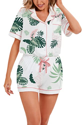 LUBOT 100% Cotton Women's Pajamas Set Short Sleeve Button-Down Shirt PJ Two-piece Set Printed Patterned Summer Night Suit Sleepwear Loungewear (Leaves, M)