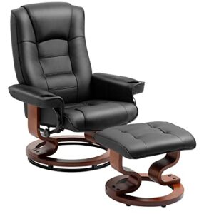 avawing recliner chair with ottoman adjustable swivel chair with footrest 360° swivel pu leather reclining chair with footrest for living room recliner and ottoman with wood base, black