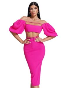 bella barnett pink two piece set for women puff sleeve dress sexy pink cocktail dress women corset dress pink dress for women