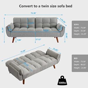 Betoko Convertible Futon Sofa Bed Sleeper Twin Size, Modern Reclining Linen Split Back Sofa Couch with Pillow Top Arm for Compact Living Room,Apartment (Grey)