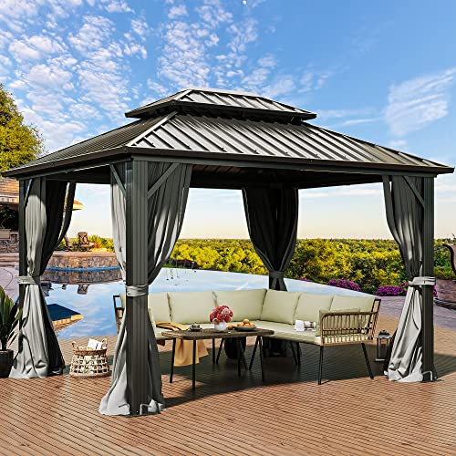 YITAHOME 10x12ft Hardtop Gazebo with Nettings and Curtains, Heavy Duty Double Roof Galvanized Steel Outdoor Combined of Vertical Stripes Roof for Patio, Backyard, Deck, Lawns, Gray