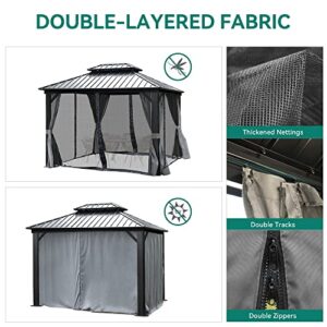 YITAHOME 10x12ft Hardtop Gazebo with Nettings and Curtains, Heavy Duty Double Roof Galvanized Steel Outdoor Combined of Vertical Stripes Roof for Patio, Backyard, Deck, Lawns, Gray