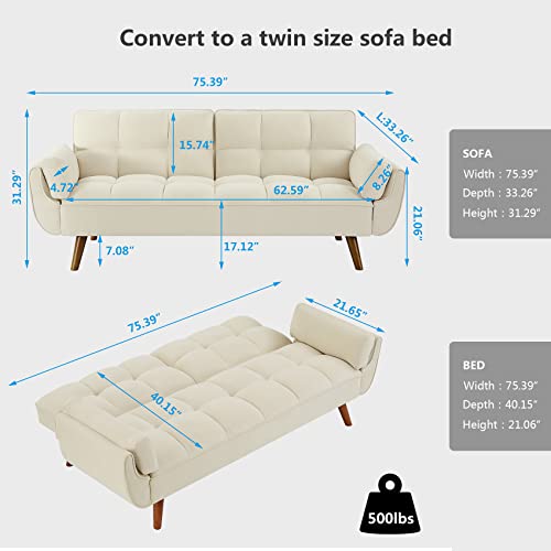 Betoko Convertible Futon Sofa Bed Sleeper Twin Size, Modern Reclining Linen Split Back Sofa Couch with Pillow Top Arm for Compact Living Room,Apartment (Beige)