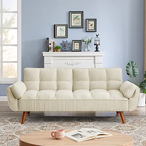 Betoko Convertible Futon Sofa Bed Sleeper Twin Size, Modern Reclining Linen Split Back Sofa Couch with Pillow Top Arm for Compact Living Room,Apartment (Beige)