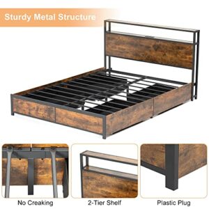 Squireewo Full Bed Frame with Charging Station & Led Lights, Platform Metal Bed Frame with 4 Storage Drawers and Headboard, No Box Spring Needed, Easy Assembly, Noise-Free,Rustic Brown