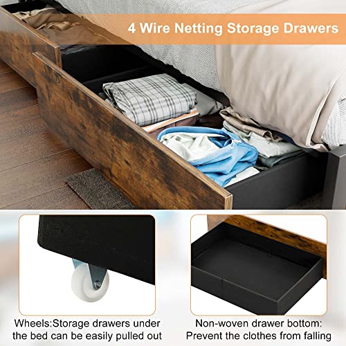 Squireewo Full Bed Frame with Charging Station & Led Lights, Platform Metal Bed Frame with 4 Storage Drawers and Headboard, No Box Spring Needed, Easy Assembly, Noise-Free,Rustic Brown