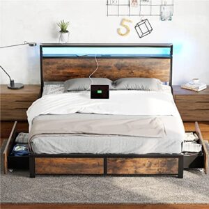 Squireewo Full Bed Frame with Charging Station & Led Lights, Platform Metal Bed Frame with 4 Storage Drawers and Headboard, No Box Spring Needed, Easy Assembly, Noise-Free,Rustic Brown