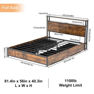 Squireewo Full Bed Frame with Charging Station & Led Lights, Platform Metal Bed Frame with 4 Storage Drawers and Headboard, No Box Spring Needed, Easy Assembly, Noise-Free,Rustic Brown