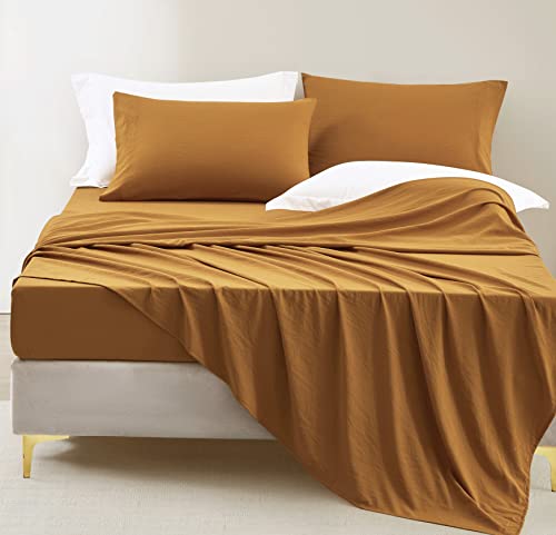 Chezmoi Collection Soft Washed Queen Bed Sheet Set - 4-Piece Brushed Microfiber Wrinkle & Fade Resistant 14-Inches Deep Pocket Sheets & Pillowcases Set - Queen, Spice