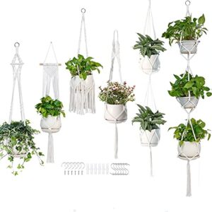 snugberi 6 pack macrame plant hangers indoor outdoor hanging planter basket handmade cotton rope flower pot holder haning plant holder for indoor outdoor boho & home decor (white)