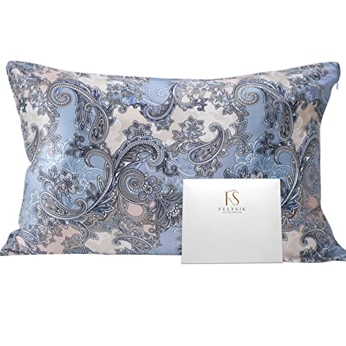 FELYSIK Blue Gray Paisley Silk Pillowcase for Hair and Skin - Standard 20"x26", 22 Momme 100% Mulberry Silk Floral Print Pillow Cases with Zipper