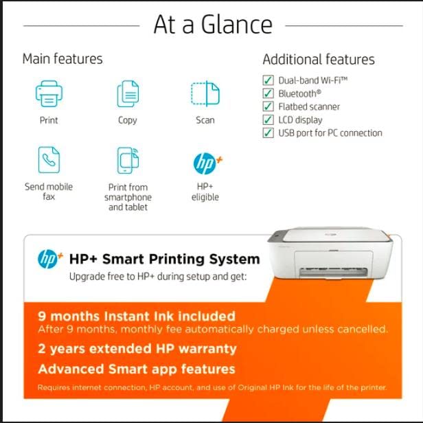 HP DeskJet 2723e All-in-One Wireless Color Inkjet Printer，Print Scan Copy - LCD Display, 4800 x 1200 dpi, 9 Months Free Instant Ink WiFi, Bluetooth, W/Silmarils Printer Cable Media Size