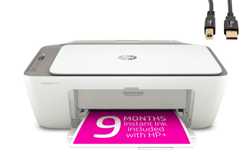 HP DeskJet 2723e All-in-One Wireless Color Inkjet Printer，Print Scan Copy - LCD Display, 4800 x 1200 dpi, 9 Months Free Instant Ink WiFi, Bluetooth, W/Silmarils Printer Cable Media Size