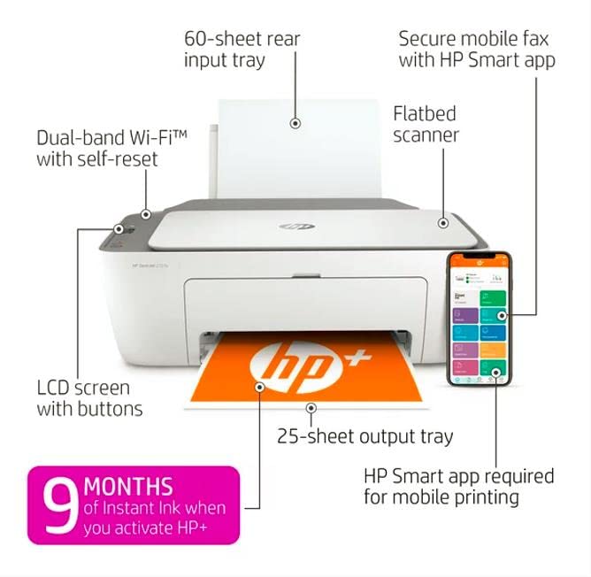 HP DeskJet 2723e All-in-One Wireless Color Inkjet Printer，Print Scan Copy - LCD Display, 4800 x 1200 dpi, 9 Months Free Instant Ink WiFi, Bluetooth, W/Silmarils Printer Cable Media Size