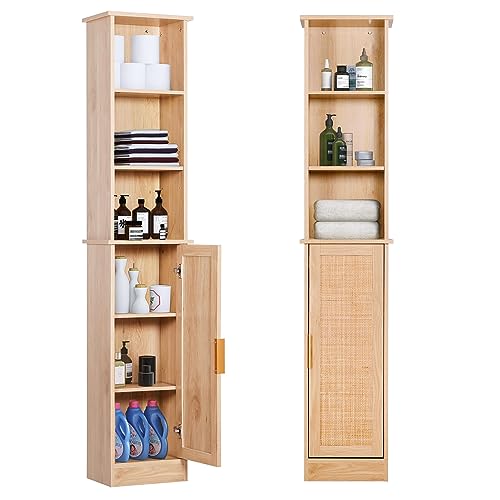 FUQARHY 65'' Tall Bathroom Storage Cabinet Organizer Wood Slim Floor Freestanding Cabinet Linen Tower with Door & 6 Shelves, w/Adjustable Shelves for Home, Bathroom, Kitchen (Natural)