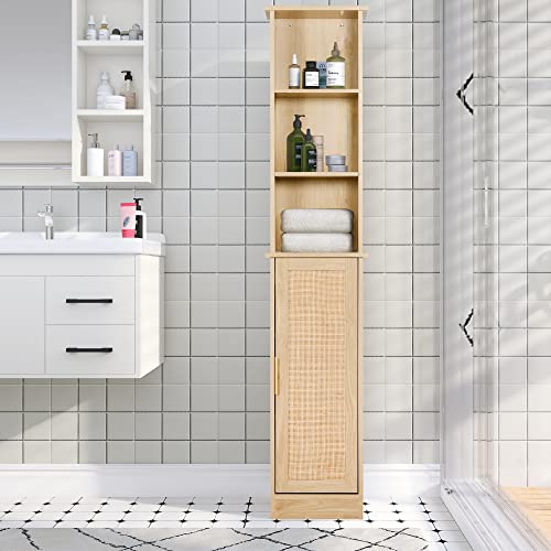 FUQARHY 65'' Tall Bathroom Storage Cabinet Organizer Wood Slim Floor Freestanding Cabinet Linen Tower with Door & 6 Shelves, w/Adjustable Shelves for Home, Bathroom, Kitchen (Natural)