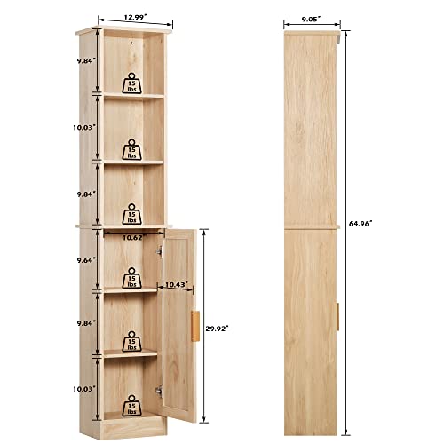 FUQARHY 65'' Tall Bathroom Storage Cabinet Organizer Wood Slim Floor Freestanding Cabinet Linen Tower with Door & 6 Shelves, w/Adjustable Shelves for Home, Bathroom, Kitchen (Natural)