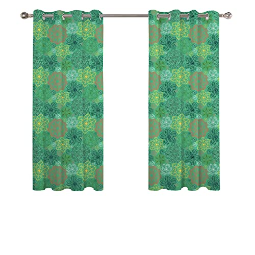 Ethnic Curtains for Living Room Home Decor, Mandala Hippie Boho Floral Swirls Detailed with Emerald Green Backdrop Art Grommet Thermal Insulated Room Darkening Curtains for Living Room W63" x L45"