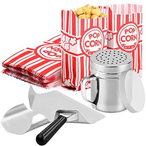 202 Pieces Popcorn Machine Supplies Bundle, Stainless Steel Popcorn Scoop and Popcorn Seasoning Dredge Shaker, 200 Pieces 1 oz Popcorn Bags for Home Kitchen Theater Movie Tool