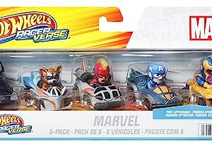 Hot Wheels RacerVerse, Set of 5 Die-Cast Marvel Toy Cars Optimized for Hot Wheels Track Performance with Popular Marvel Characters as Drivers, Gift for Kids & Collectors