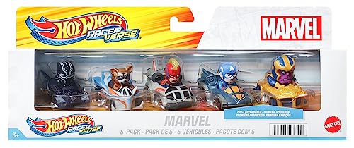 Hot Wheels RacerVerse, Set of 5 Die-Cast Marvel Toy Cars Optimized for Hot Wheels Track Performance with Popular Marvel Characters as Drivers, Gift for Kids & Collectors