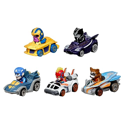 Hot Wheels RacerVerse, Set of 5 Die-Cast Marvel Toy Cars Optimized for Hot Wheels Track Performance with Popular Marvel Characters as Drivers, Gift for Kids & Collectors