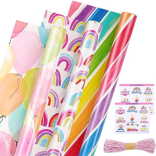 Gift Wrapping Paper Rolls, Pink Colorful Wrapping Paper Rolls Birthday Girls Women, Rainbow Balloon Wrapping Paper Bundle Rolls for Birthday Bridal Baby Shower Wedding, 3 Rolls-17x118inch Per Roll