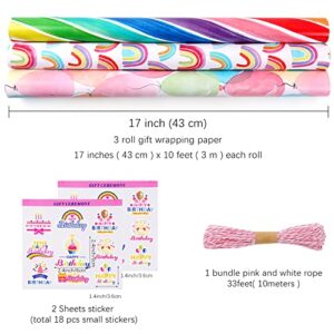 Gift Wrapping Paper Rolls, Pink Colorful Wrapping Paper Rolls Birthday Girls Women, Rainbow Balloon Wrapping Paper Bundle Rolls for Birthday Bridal Baby Shower Wedding, 3 Rolls-17x118inch Per Roll