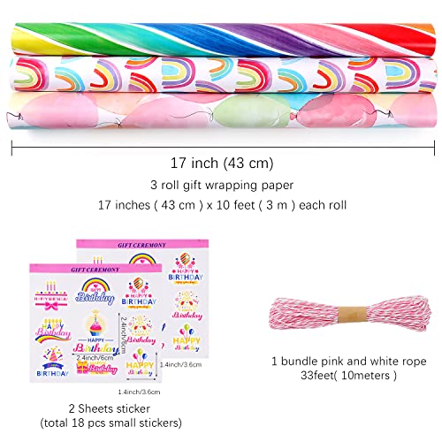 Gift Wrapping Paper Rolls, Pink Colorful Wrapping Paper Rolls Birthday Girls Women, Rainbow Balloon Wrapping Paper Bundle Rolls for Birthday Bridal Baby Shower Wedding, 3 Rolls-17x118inch Per Roll