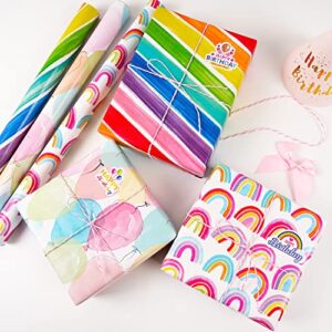 Gift Wrapping Paper Rolls, Pink Colorful Wrapping Paper Rolls Birthday Girls Women, Rainbow Balloon Wrapping Paper Bundle Rolls for Birthday Bridal Baby Shower Wedding, 3 Rolls-17x118inch Per Roll