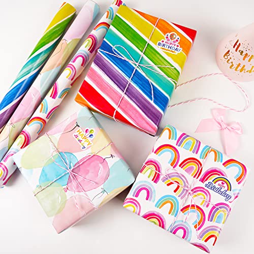 Gift Wrapping Paper Rolls, Pink Colorful Wrapping Paper Rolls Birthday Girls Women, Rainbow Balloon Wrapping Paper Bundle Rolls for Birthday Bridal Baby Shower Wedding, 3 Rolls-17x118inch Per Roll