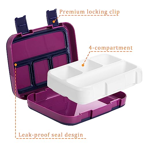 Mezchi Bento Lunch Box for Kids, 4 Compartments Lunch Container, Leakproof Meal Prep Container, Loncheras Para Niñas for Kids, 41.5 OZ, Microwave and Dishwasher Safe, Purple