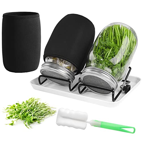 Seed Sprouting Jar Kit with 2 Wide Mouth Ma-son Jars, 2 Stainless Steel Screen Sprout Lids, 2 Blackout Sleeves, Tray, Sprouter Stand and Brush, Sprouting Kit for Growing Broccoli Alfalfa Bean Sprouts