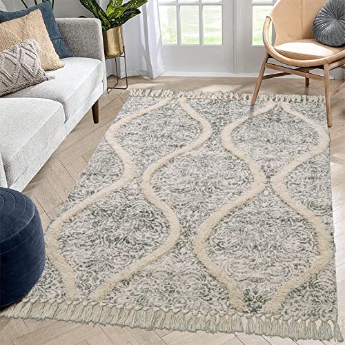 Uphome Boho Area Rug 4' x 6' Washable Vintage Printed Living Room Rug Gray Tufted Distressed Bedroom Rug with Tassels Cotton Farmhouse Floor Carpet for Dining Entryway Kids' Room