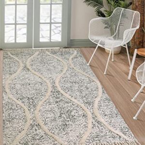 Uphome Boho Area Rug 4' x 6' Washable Vintage Printed Living Room Rug Gray Tufted Distressed Bedroom Rug with Tassels Cotton Farmhouse Floor Carpet for Dining Entryway Kids' Room