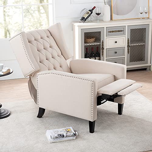 Push Back Single Recliner Chair,27" W Dual Function Foot System,Manual Wing Chair for Office, Den, Living Room, Bedroom, and Guest Room (Fabric, Beige)