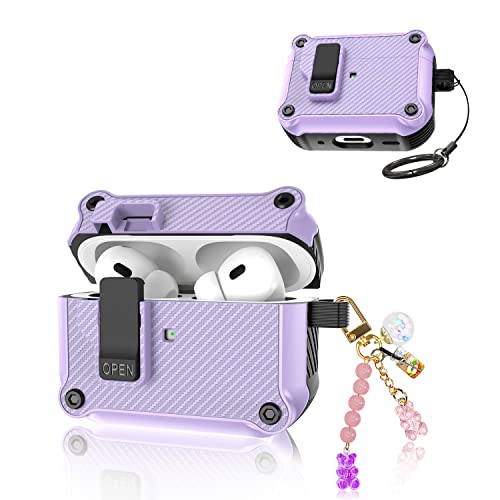 [5in1 Set] Case for Airpods Pro 2nd Generation with Secure Lock, Carbon Fiber PC+TPU Full Body Protective Air Pods Pro 2 Case Cover for Women with Fashion Candy Keychain (Purple)