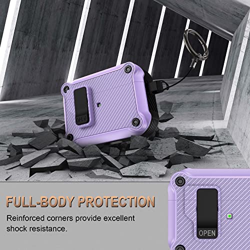 [5in1 Set] Case for Airpods Pro 2nd Generation with Secure Lock, Carbon Fiber PC+TPU Full Body Protective Air Pods Pro 2 Case Cover for Women with Fashion Candy Keychain (Purple)