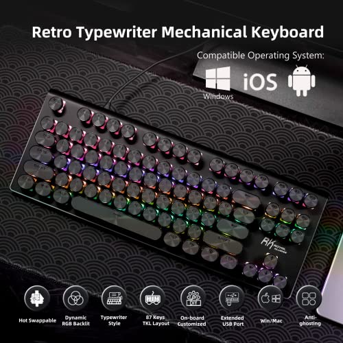 RK ROYAL KLUDGE RKS87 Typewriter Mechanical Keyboard, Hot Swappable Blue Switch Wired PC Gaming Keyboard, 75% Layout RGB 87 Keys Slim Keyboards with Retro Punk Round Keycaps for Mac Windows, Black