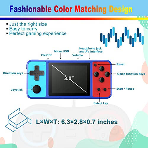 Beico Handheld Game Console for Kids Adults 3.0" Large Screen Built in 270 Classic Retro Video Games Seniors Electronic Games Consoles Birthday Present (Blue)