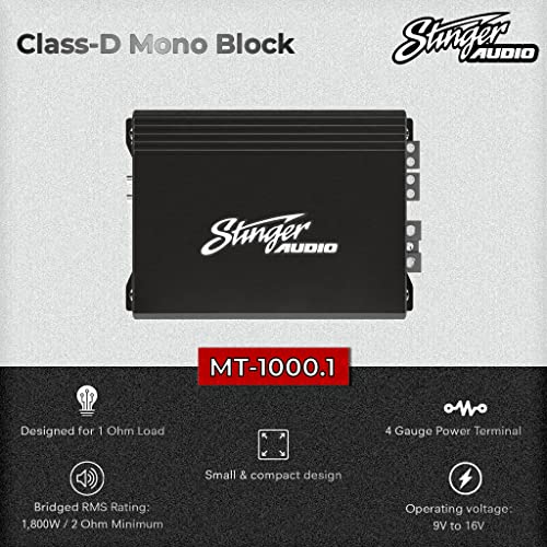 STINGER Audio MT10001 Monoblock Class D Mosfet Power Supply Amplifier with Remote Subwoofer Level Control,1000 Watts RMS.