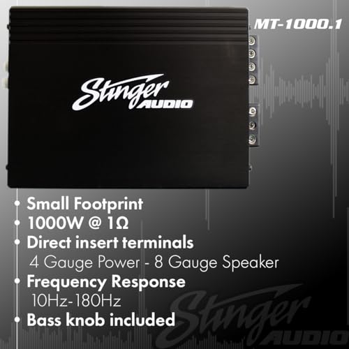 STINGER Audio MT10001 Monoblock Class D Mosfet Power Supply Amplifier with Remote Subwoofer Level Control,1000 Watts RMS.