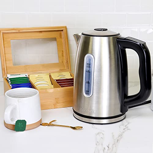 Kenmore 1.7L Cordless Electric Kettle w/ 6 Temperature Pre-Sets, Stainless Steel Teakettle w/LED light, Auto Shut-Off, Keep Warm, Boil-Dry Protection, Silver