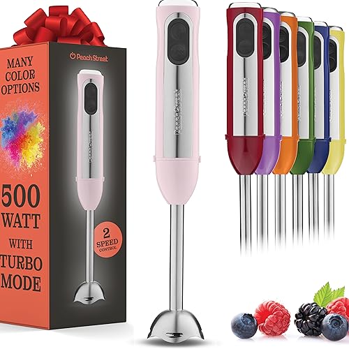 Powerful Immersion Blender, Electric Hand Blender 500 Watt with Turbo Mode, Detachable Base. Handheld Kitchen Blender Stick for Soup, Smoothie, Puree, Baby Food, 304 Stainless Steel Blades (Pink)