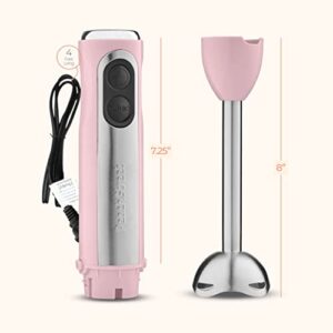 Powerful Immersion Blender, Electric Hand Blender 500 Watt with Turbo Mode, Detachable Base. Handheld Kitchen Blender Stick for Soup, Smoothie, Puree, Baby Food, 304 Stainless Steel Blades (Pink)