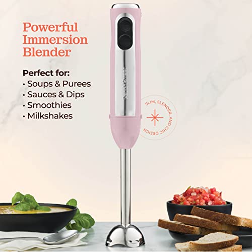 Powerful Immersion Blender, Electric Hand Blender 500 Watt with Turbo Mode, Detachable Base. Handheld Kitchen Blender Stick for Soup, Smoothie, Puree, Baby Food, 304 Stainless Steel Blades (Pink)