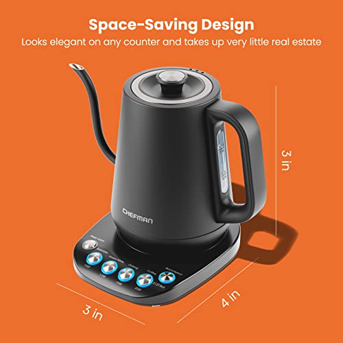 Chefman TrueTemp Precision Control Gooseneck Kettle, Internal Custom Temperature Control and 6 One-Touch Presets, Boil-Dry Protection Auto Shut-Off for Safety, For Pour Over Coffee and Tea, Black